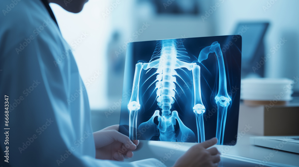Orthopedic surgeon doctor examining patient's knee joint x-ray films ...