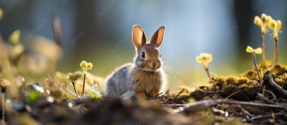 Young rabbit in spring ready to leave warren alert and facing right ...