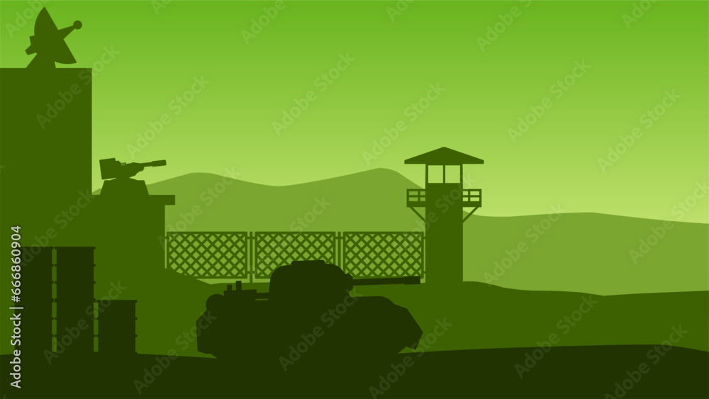 Military base landscape vector illustration. Silhouette of military ...