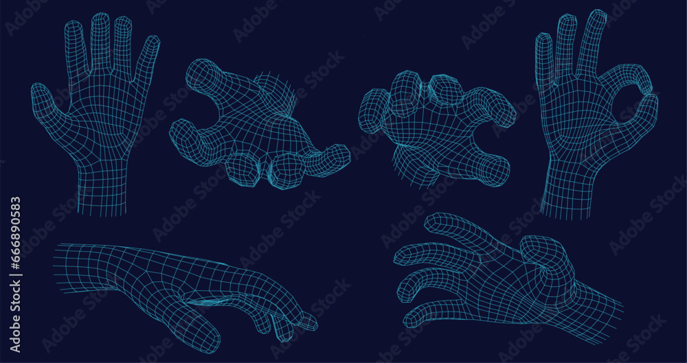 Wireframe hand gestures. Grabbing gesture, open palm and digital ok ...