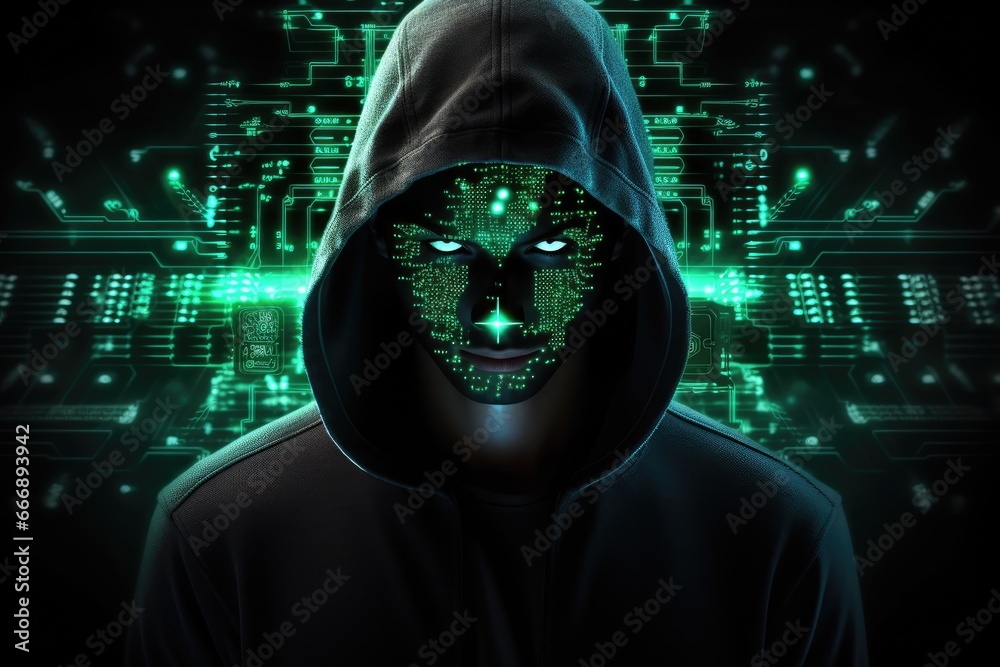 Hacker with mask and binary code on dark background 3D rendering, Hacker in hood and circuit ...