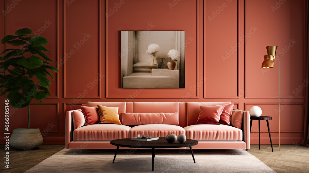 Terracotta colored velvet sofa in a brick red room with a painting. Mid ...