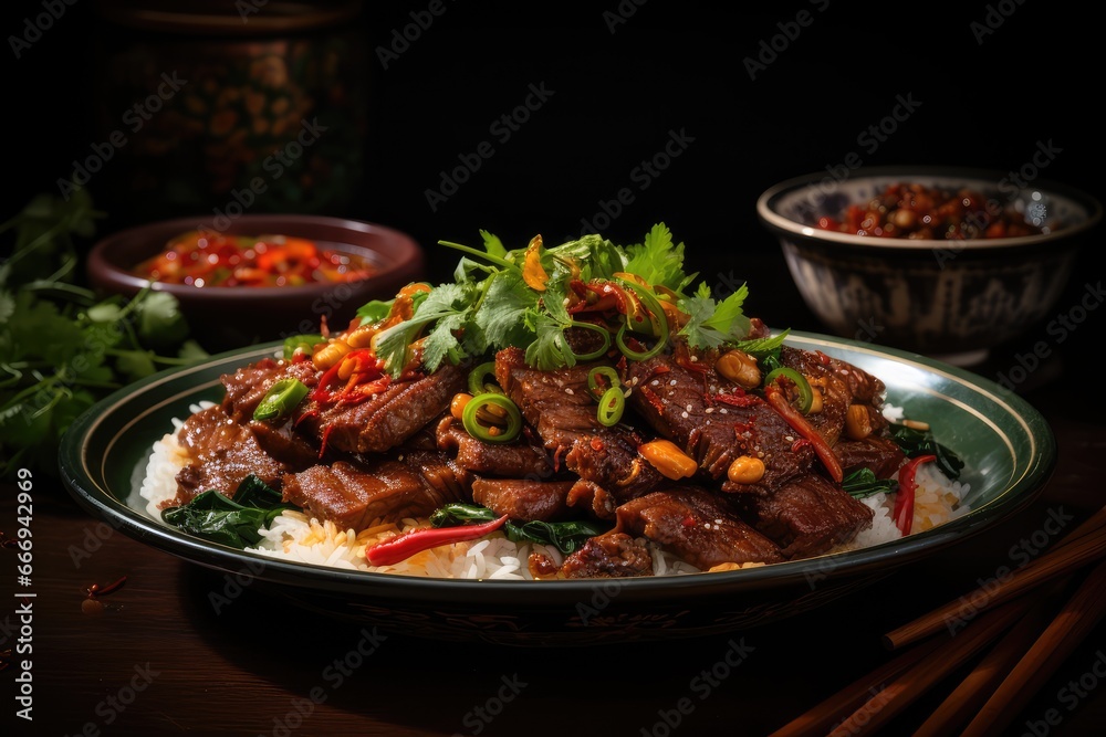 A plate of Pad Kra Pao Moo Grob with Nam Prik Ong, stir-fried holy ...