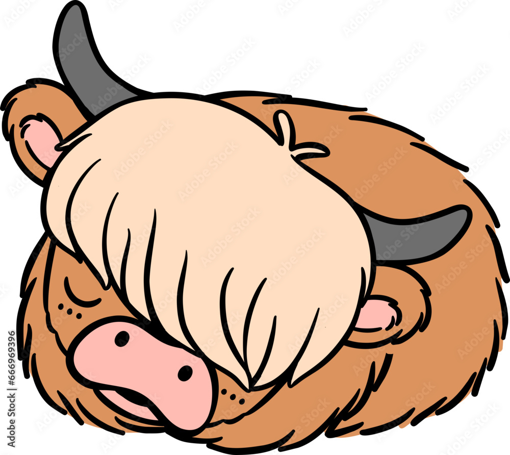 Baby highland cow sleeping, animal cartoon hand drawing, mini cow Stock ...