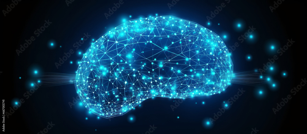 Abstract illustration of a brain with glowing particles of neural ...