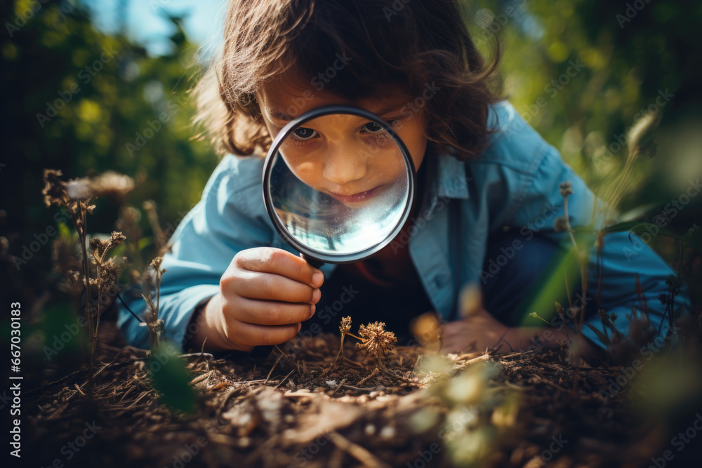 Curious child with a magnifying glass inspecting nature - Learning and ...