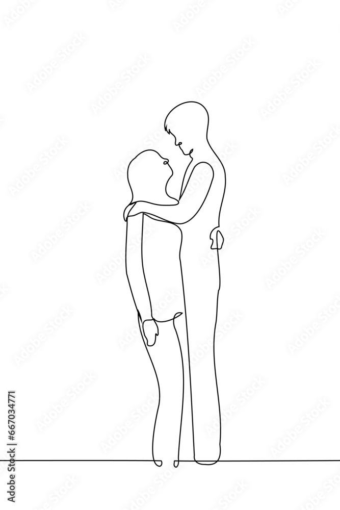 woman and man are hugging, he is much taller than her - one line art ...