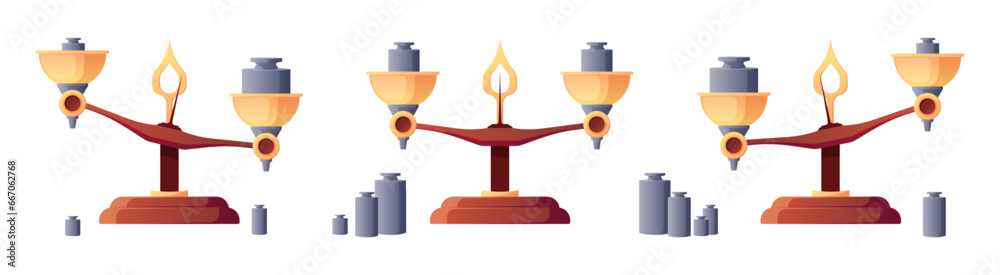 Scales balance. Mass and weight measuring scales with different weights ...