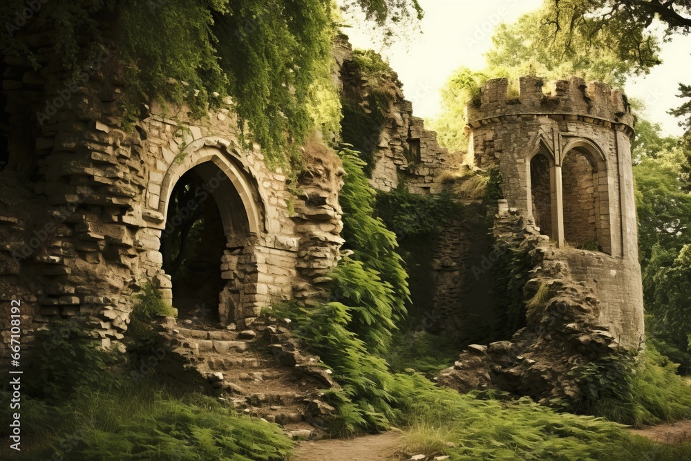 Ruins of an old castle with leaning walls and overgrown vegetation ...