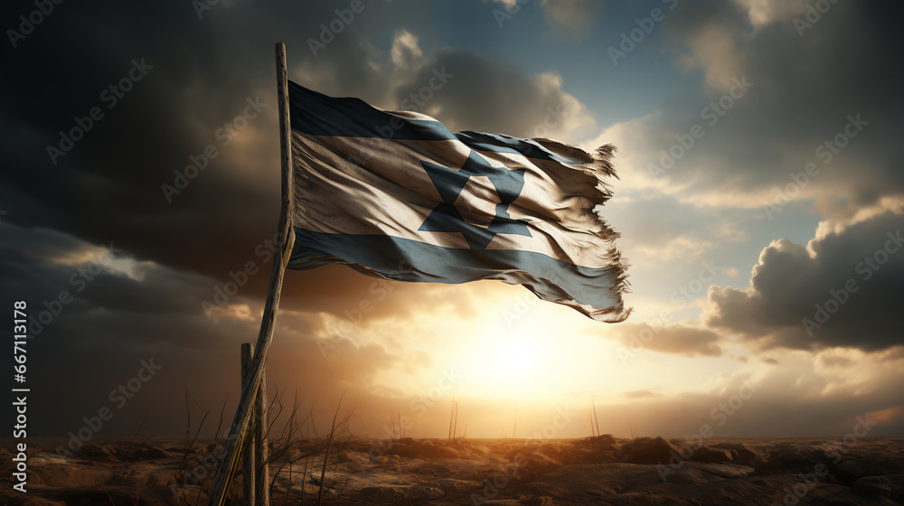 Israeli flag on a hill - war torn lane - cloudy sky - Ray of sun ...