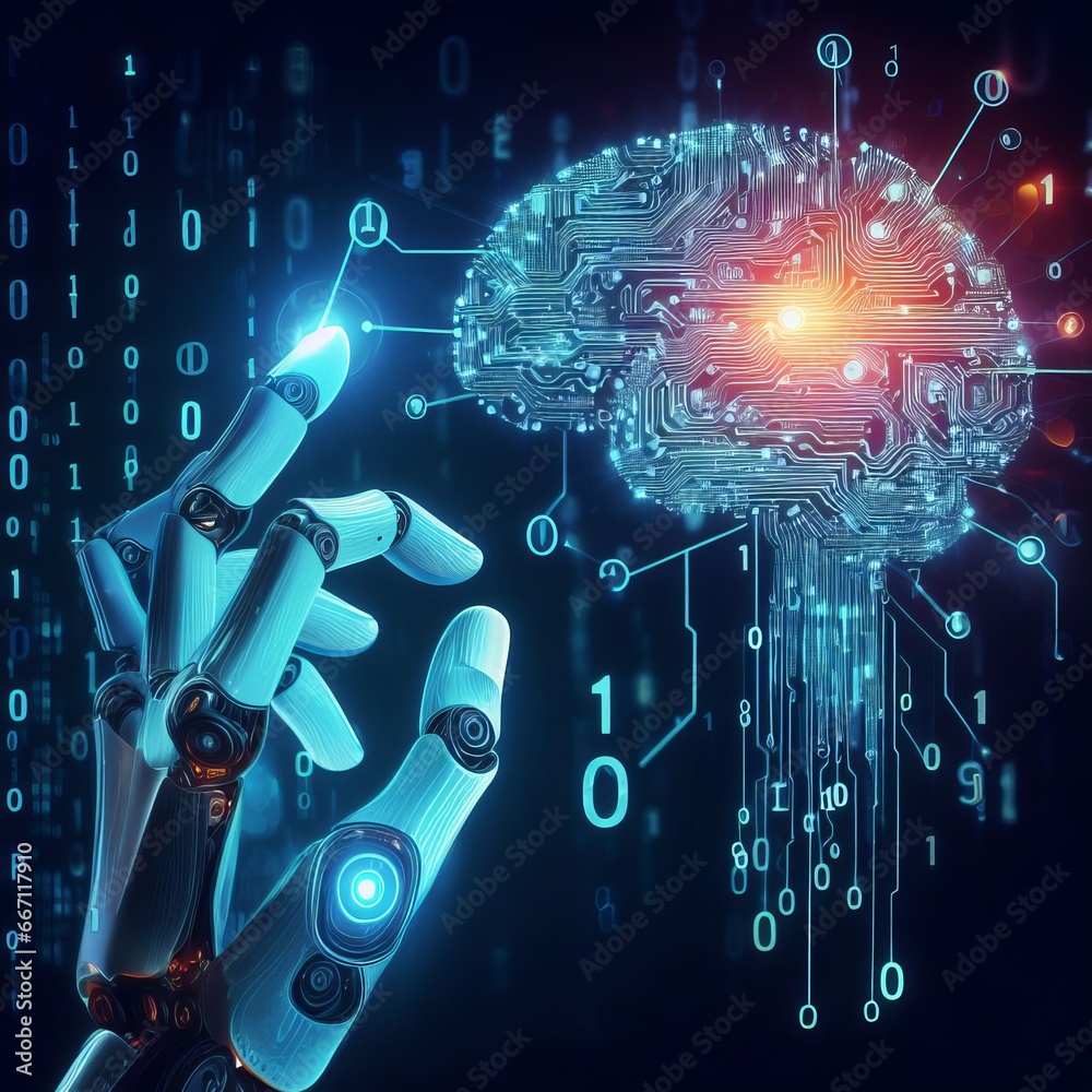 Ilustración de Stock Binary data interaction with a robotic hand. The future of artificial ...