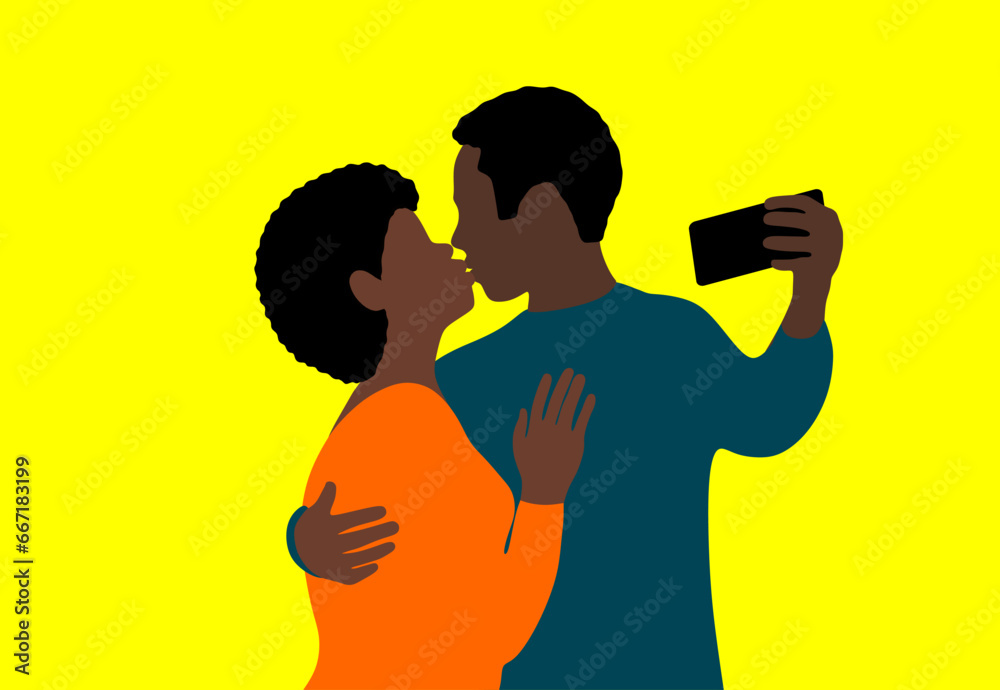 Man And Woman Couple Take Selfie On Smartphone Kissing Young Couple In