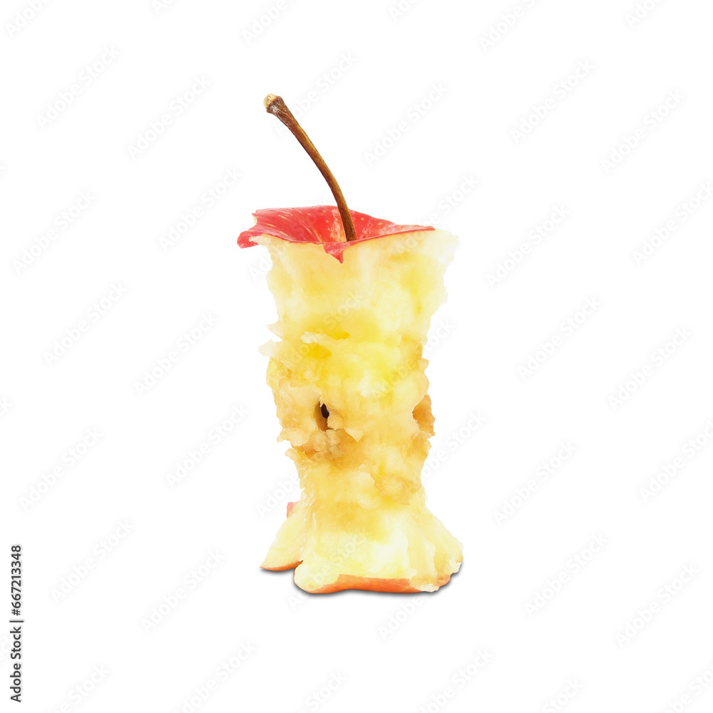 One red ripe apple, bitten to the core, on a transparent and white ...