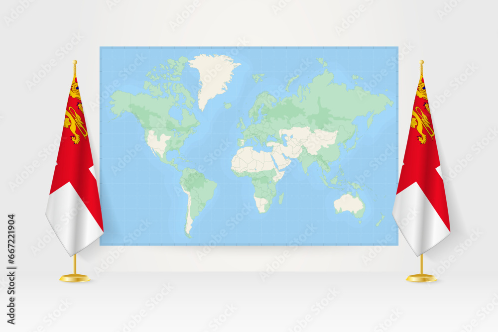 World Map between two hanging flags of Sark flag stand. Stock Vector ...
