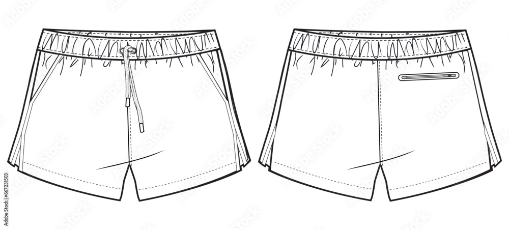 Men's Swim shorts front and back view flat sketch fashion illustration ...