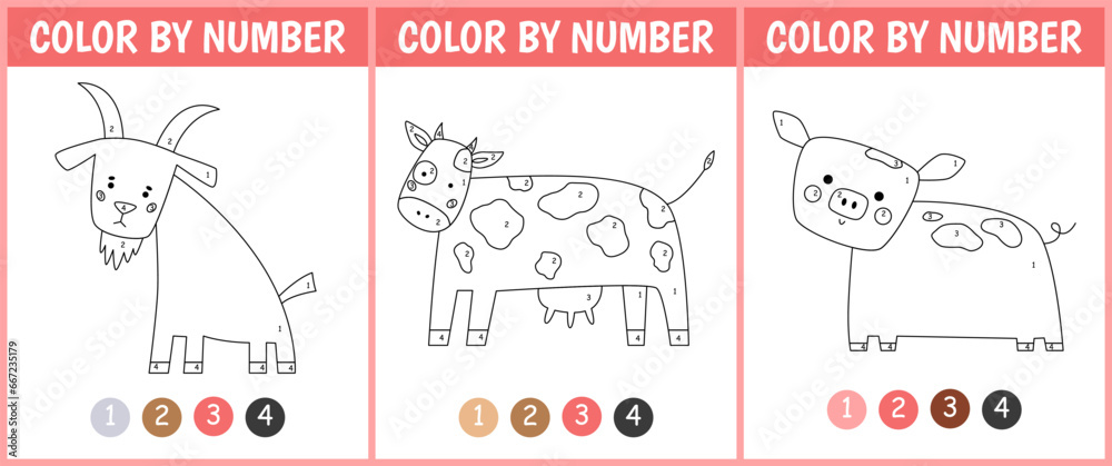 Set color by number game for kids. Cute goat, cow and pig. Farm ...