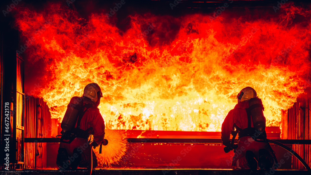 Fearless Firefighters Battling Blaze with Water and Extinguishers ...