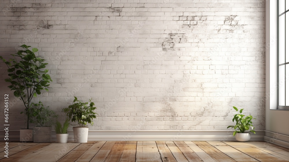 an indoor space with a striking white wall, a textured brick back wall ...