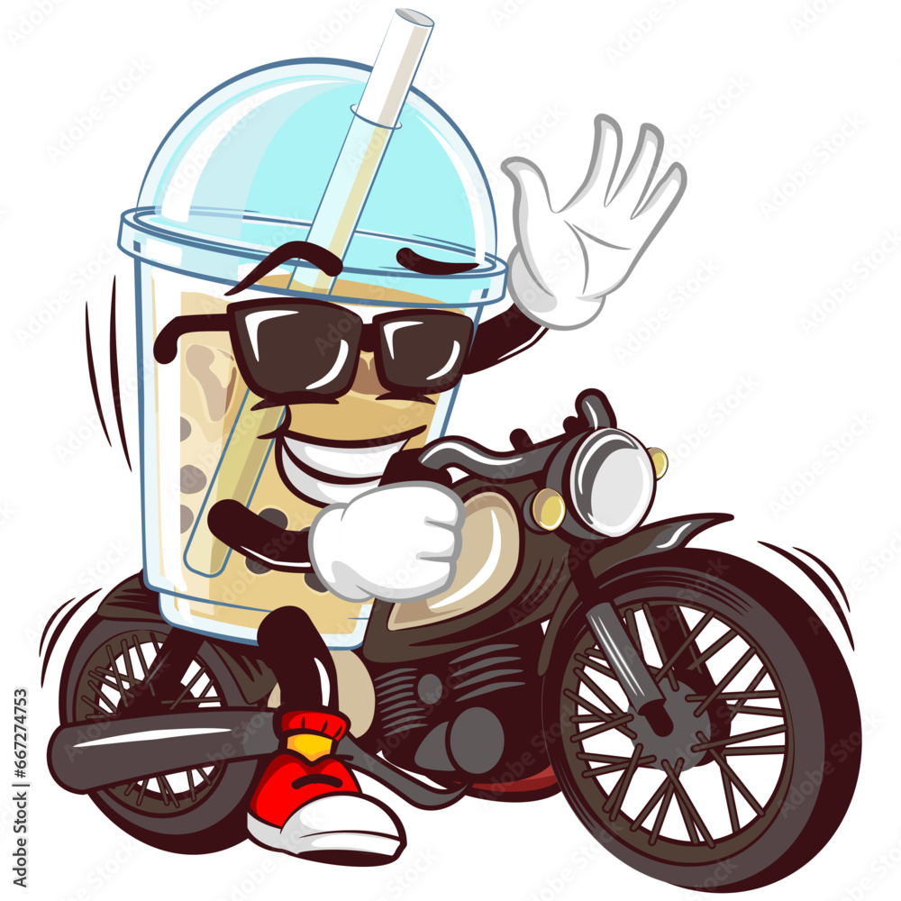 character mascot of a glass of boba ice with a funny face riding a big ...