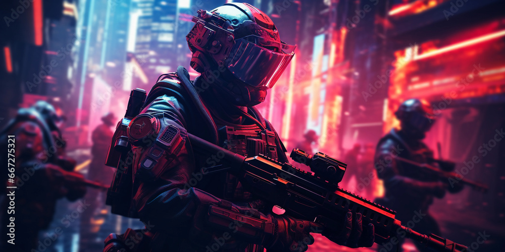 Futuristic conflict, abstract pixelated soldiers with laser guns, 8 ...