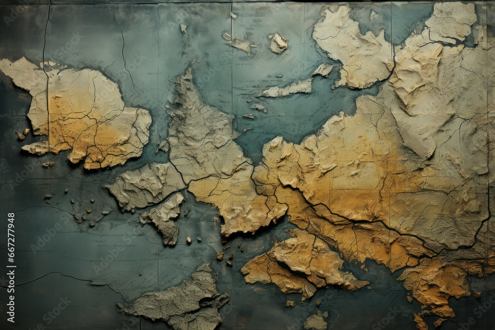 An old and weathered map, revealing the historical geography of a ...