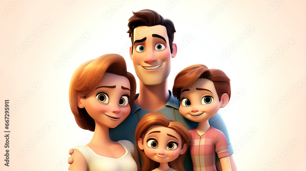 happy cartoon family portrait of father and mother with their children ...