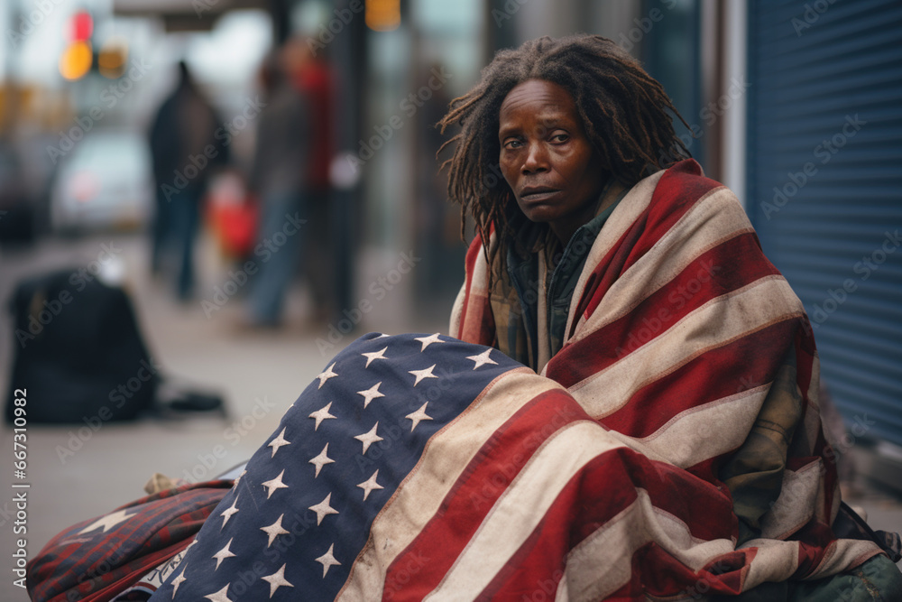 Stock-Foto „Homeless African-American senior woman sitting on sidewalk ...