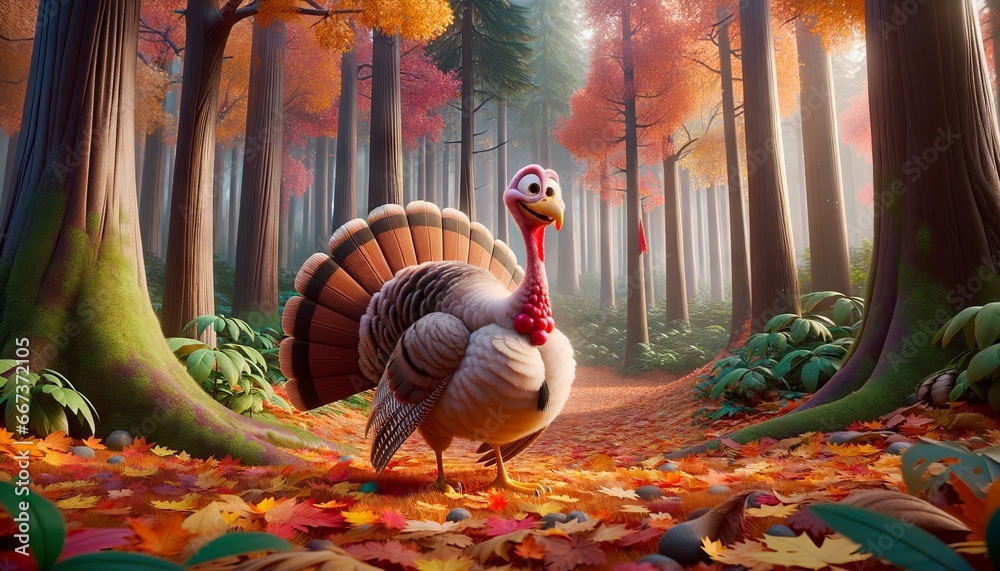 Adorable 3D animated friendly turkey for thanksgiving in the fall woods ...