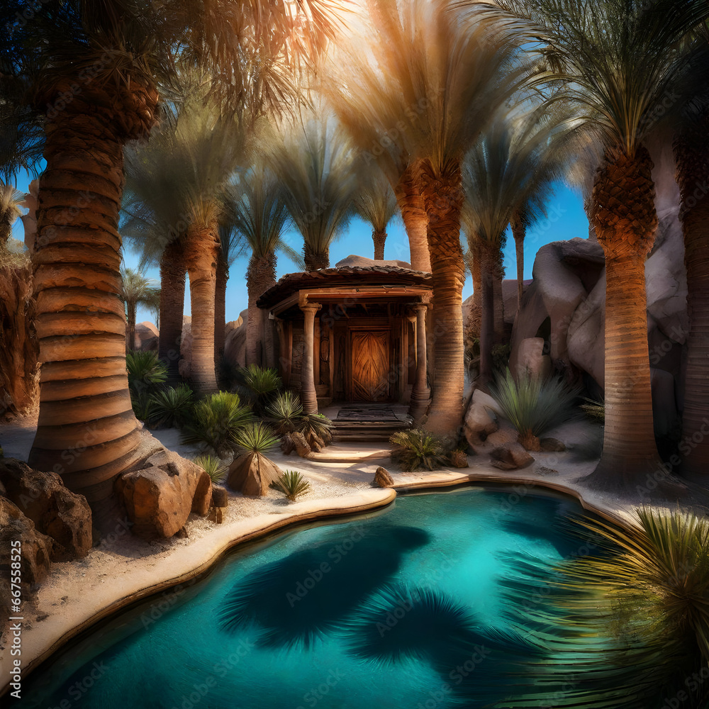 Enchanted Desert Oasis: A magical desert oasis with lush palm trees, a ...