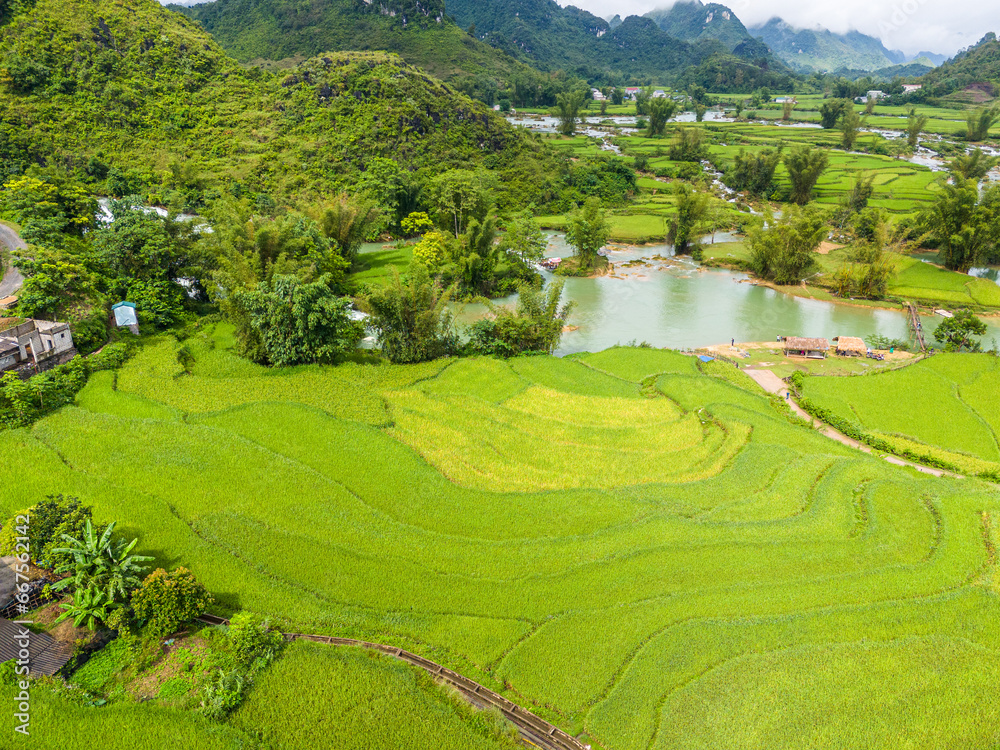 Aerial landscape in Quay Son river, Trung Khanh, Cao Bang, Vietnam with ...