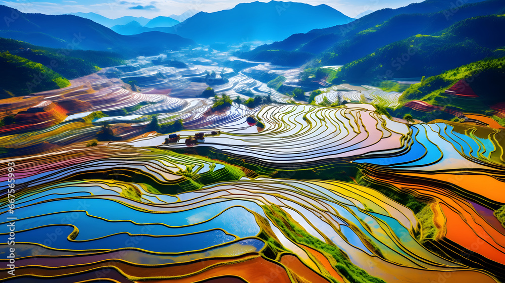 colorful Rice fields on terraced in Mu cang chai, Vietnam Rice field ...