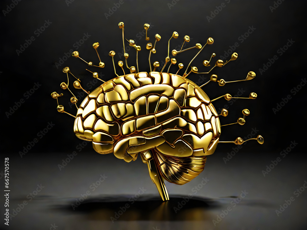 Brain 3d model made of gold with cells and gyrus. Black background ...