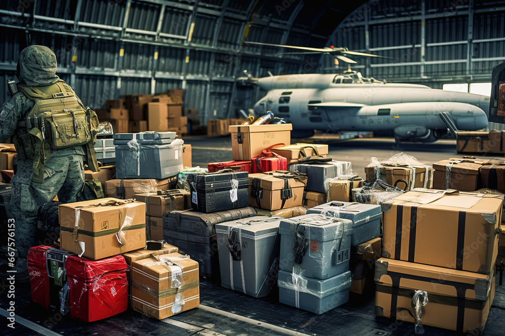 Military personnel at the airfield load boxes and containers with ...
