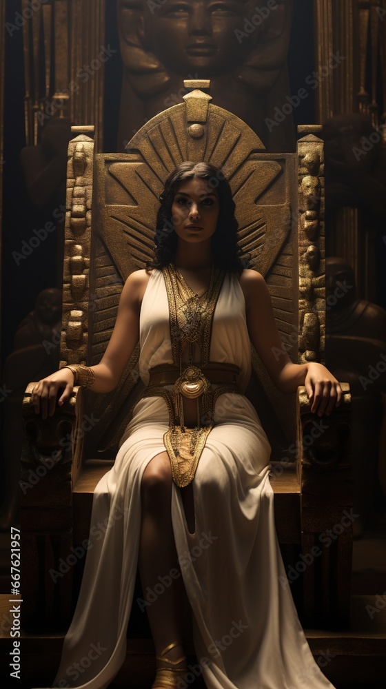 Cleopatra, seated on her golden throne, in a grand hall of her palace ...