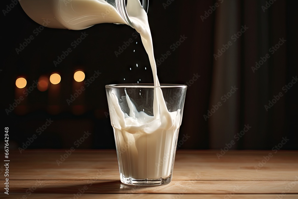 Stock-Foto „Splash of freshness. Pouring organic cold milk into glass ...