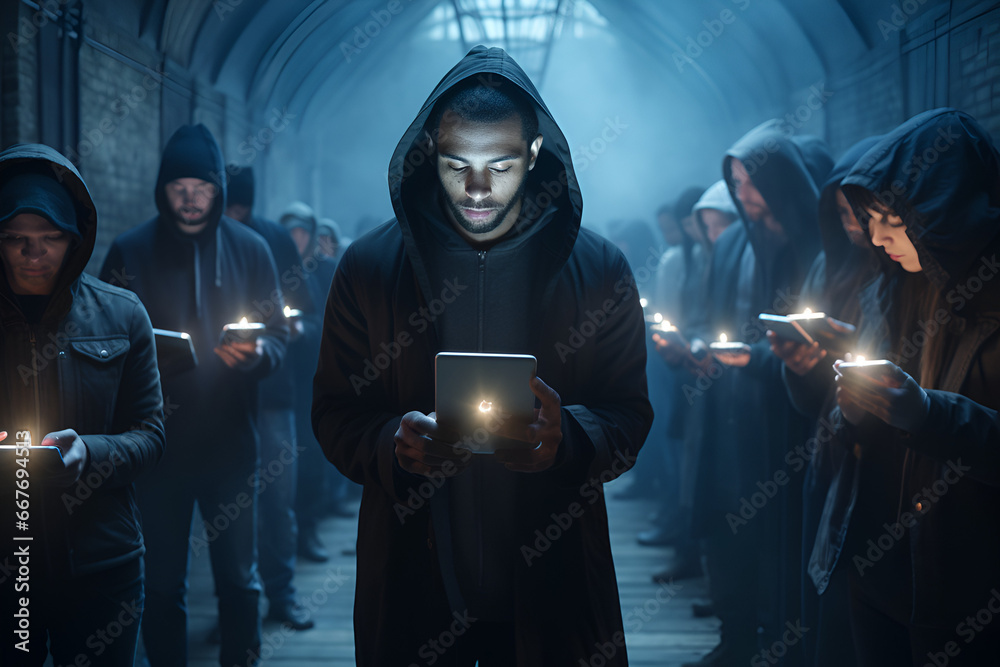 Group of unhappy young people hypnotized with mobile phones and ...