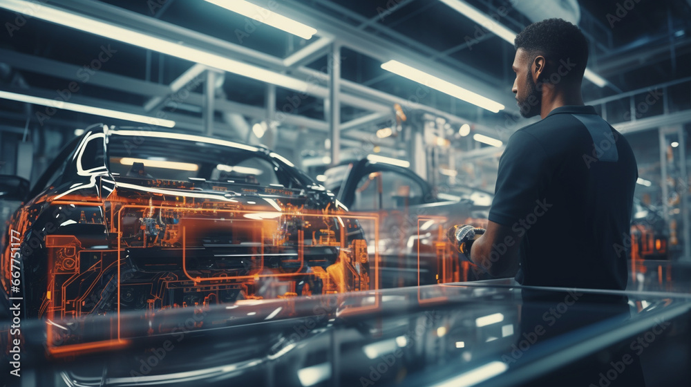 Engineer worker in automotive factory, car manufacturing process ...