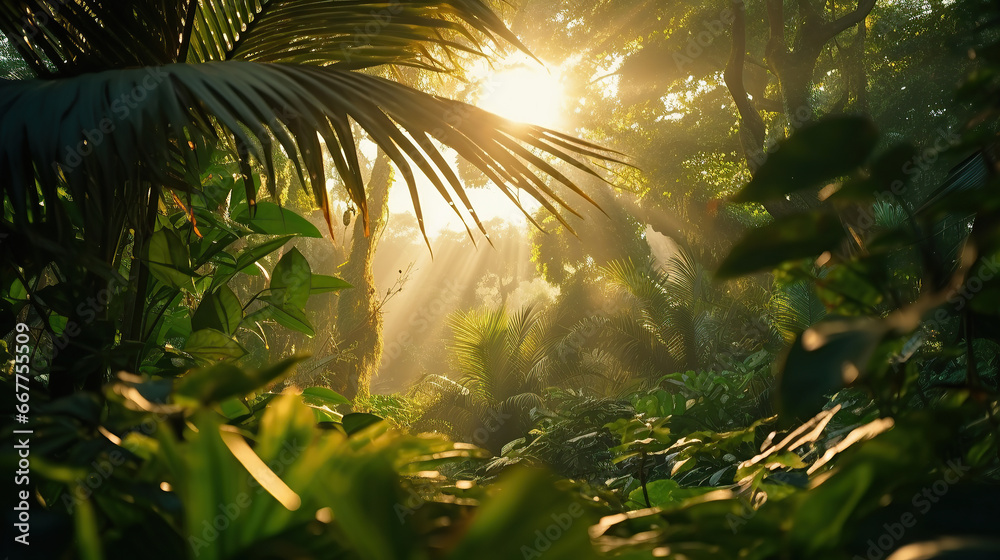 Sunrise in jungle rainforest view through tropical palm tree plants and ...