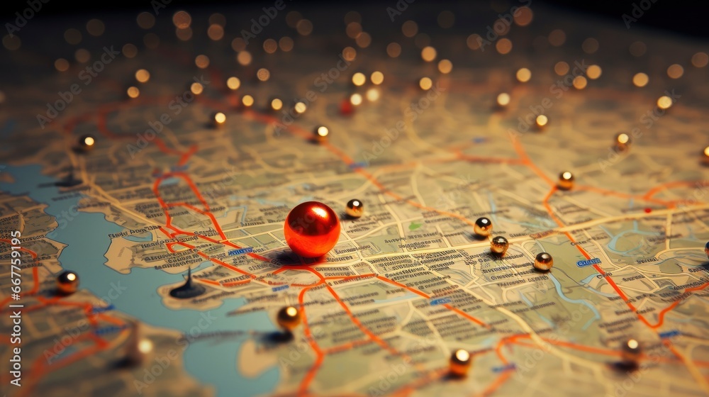 Find your way. Location marking with a pin on a map with routes ...