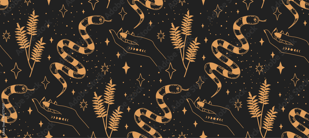 Magical pattern with a snake. Illustration for textiles. Seamless ...