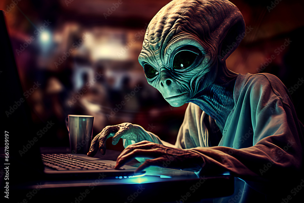 Alien creature with big eyes sits at laptop keyboard and types text ...
