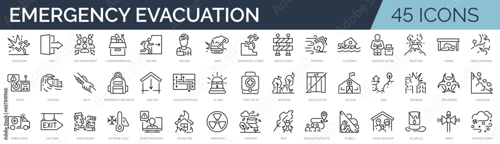 Set of 45 outline icons related to disasters, evacuation, emergencies ...