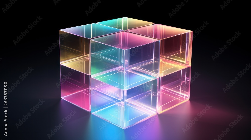 Transparent 3D glass cubes exhibiting refraction and holographic ...