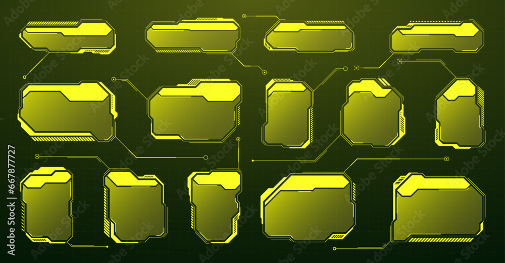 Yellow futuristic HUD, UI elements. Sci-fi user interface text boxes ...
