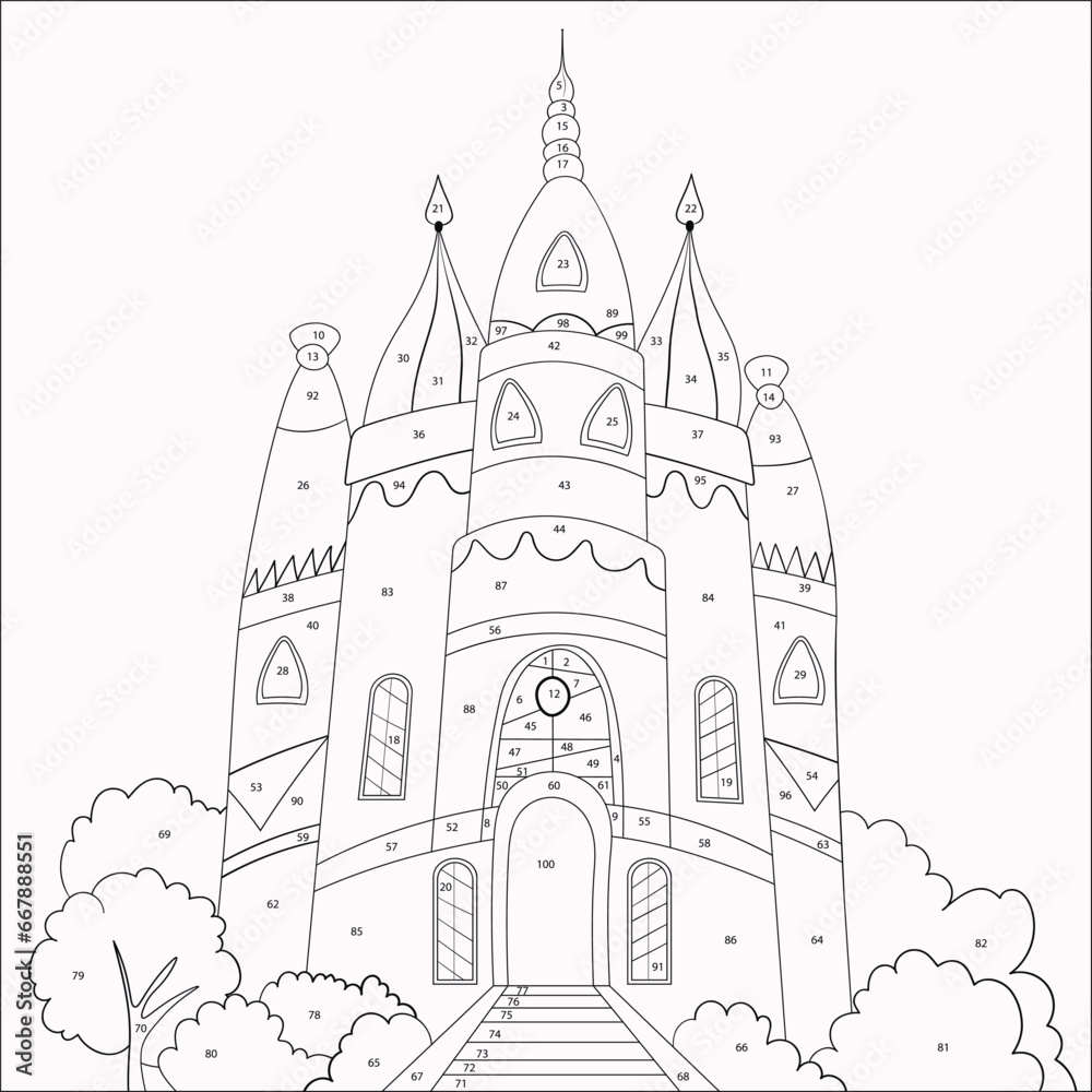 Coloring page for kids with castle, palace. Color by numbers. Coloring ...