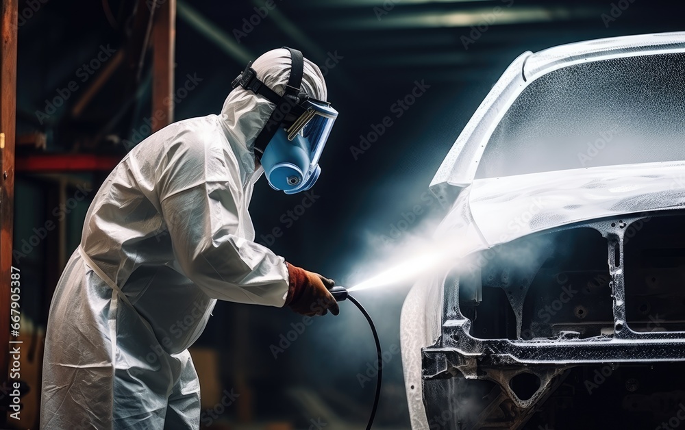 A painter in protective workwear and respirator painting a car body ...