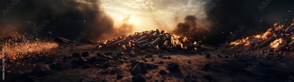 military bombing or air strike burning target location with missile ...