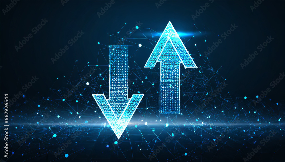 Abstract digital two arrows up and down on technology dark blue ...