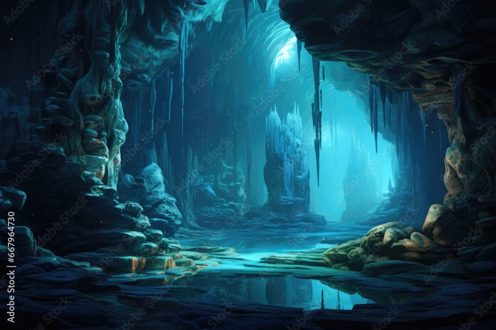 Ilustração Fantasy alien cave. 3D rendering. Computer digital drawing ...