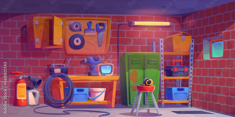 Inside garage workshop interior cartoon vector illustration. Brick wall ...